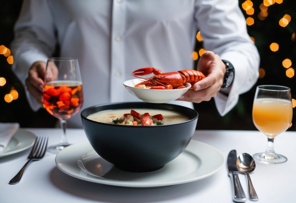 Server jomfruhummersuppe fra Løvegaarden som forret til konfirmationen